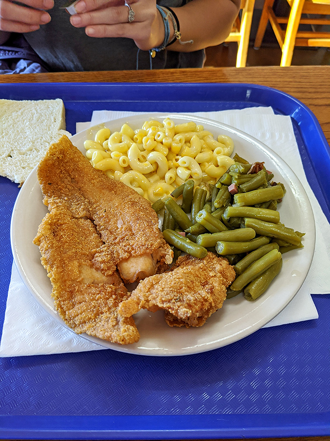 Golden-fried fish that crackles with each bite, keeping company with mac and cheese that's achieved that perfect saucy-to-noodle ratio.
