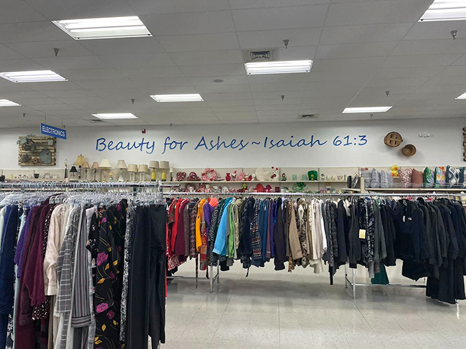 Beauty for Ashes proclaims the wall above meticulously organized clothing racks&mdash;a reminder of the store's mission beyond mere retail.
