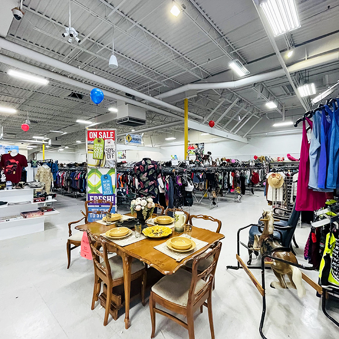 Dining sets displayed like museum exhibits. That mid-century table has hosted thousands of family dinners and is ready for thousands more.