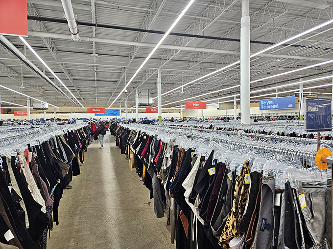 The men's section stretches into infinity, a sea of potential wardrobe upgrades waiting for their perfect match.