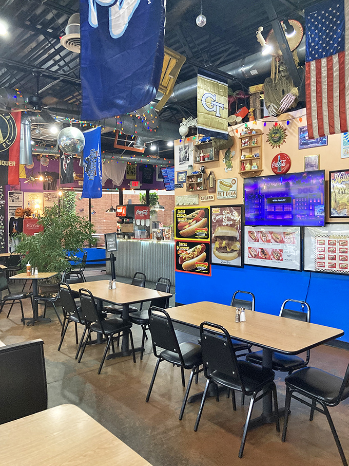 Sports pennants and memorabilia hang from every surface. It's like eating in your fun uncle's basement &ndash; if your uncle made incredible hot dogs.