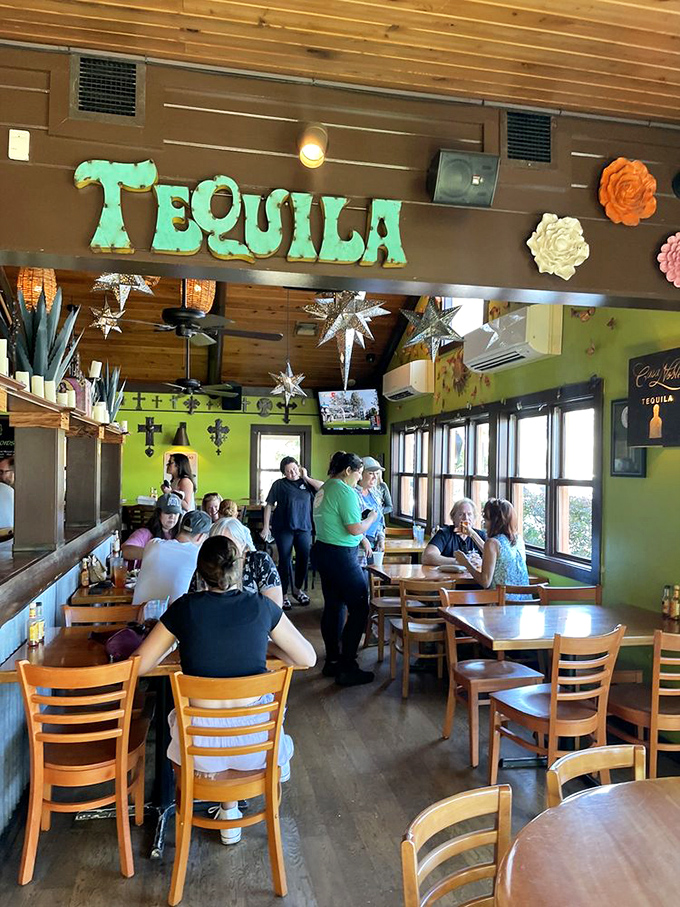 Under the watchful eye of that turquoise "TEQUILA" sign, memorable meals happen. The lime green walls practically vibrate with energy.