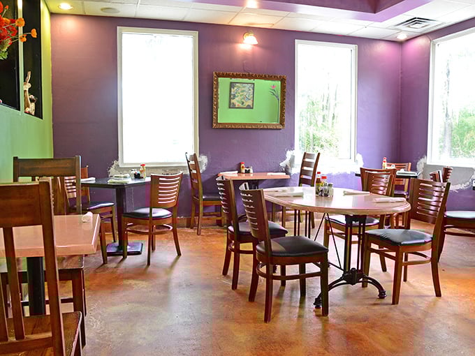 Purple walls that would make Prince proud surround tables where food memories are made. Simple, uncomplicated, and utterly perfect.