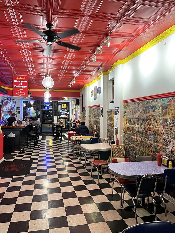Looking down this hallway of flavor feels like gazing into hot dog infinity. The colorful seats invite you to stay awhile.