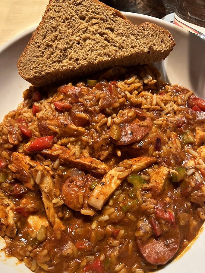 Jambalaya that doesn't hold back&mdash;Andouille sausage, chicken, and rice in spicy harmony. The side of beer bread isn't optional, it's essential for sauce-mopping duty.