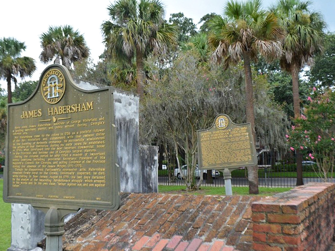 James Habersham's historical marker stands sentinel among palm trees and Spanish moss, Georgia's natural canopy honoring one of its founding fathers.