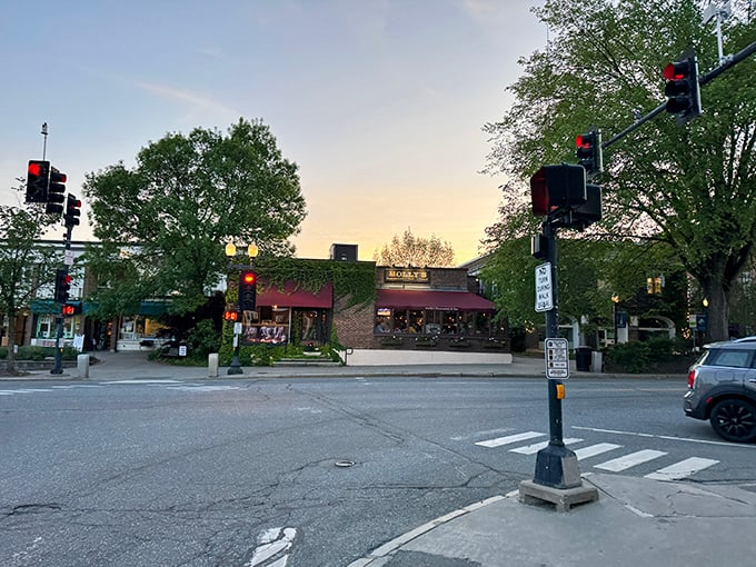 Dusk settles over Hanover's restaurant scene, signaling the transition from day to evening delights. Those red traffic lights seem to say "Stop and eat something wonderful."