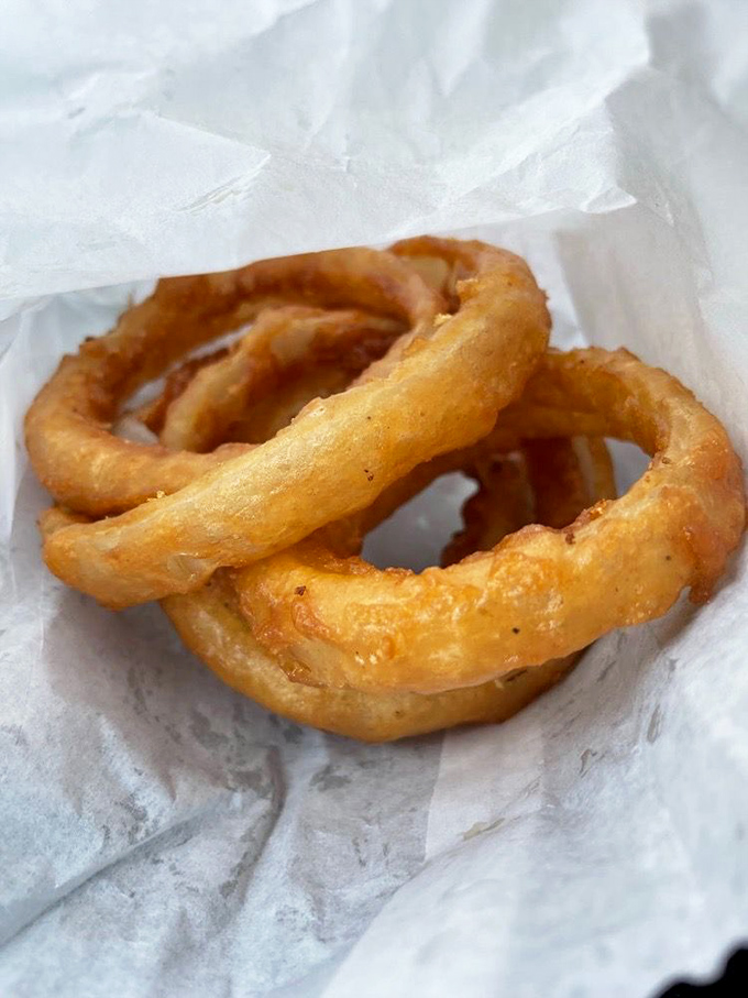 Golden halos of happiness &ndash; these onion rings achieve that mythical balance of crispy exterior and tender, sweet onion within.