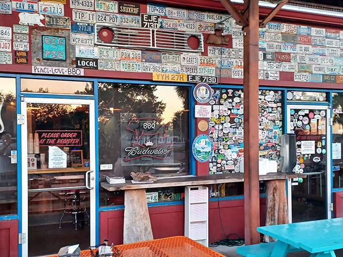 License plates and stickers form a chaotic tapestry of barbecue pilgrimages past. Each represents someone who made the sacred journey to this smoke-filled paradise.