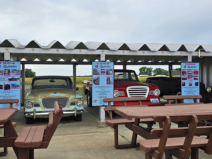 Outside, vintage cars and picnic tables create a nostalgic pit stop atmosphere that feels like Route 66's glory days never ended.