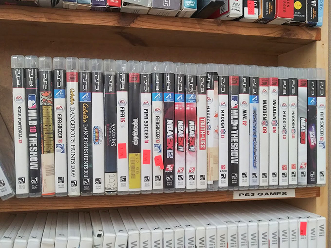 DVD shelves that serve as a physical Netflix from the before-times. Remember when we had to actually stand up to change movies? 