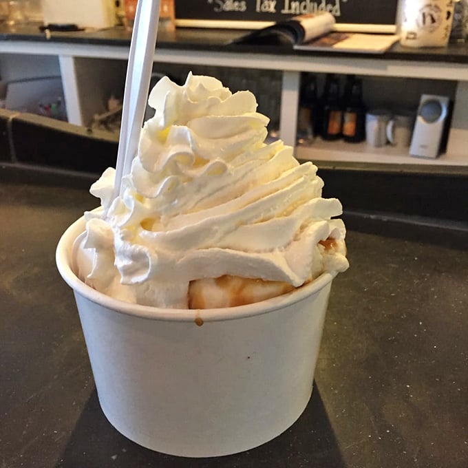 A mountain of whipped cream crowns this sundae like the powdered wig on a dessert aristocrat&mdash;elegant, excessive, and entirely necessary.