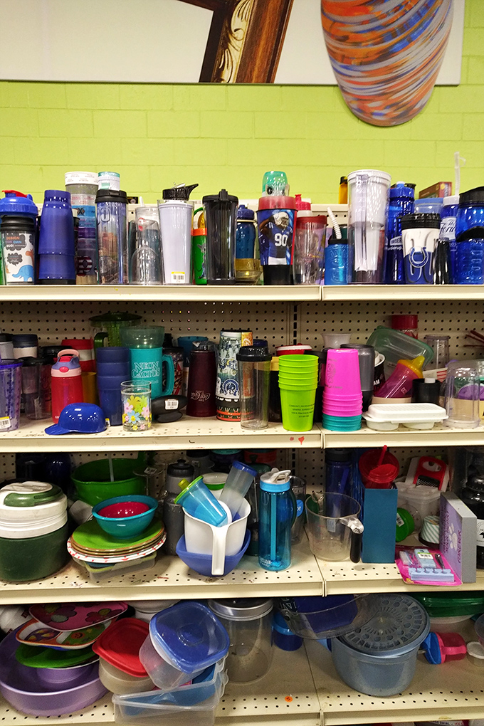 Colorful drinkware and plastic containers create a hodgepodge rainbow—perfect for college apartments or replacing that tumbler your dog mistook for a chew toy.