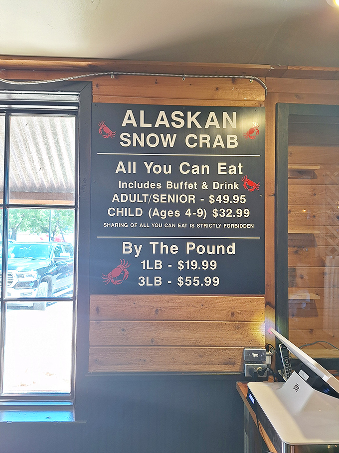 Alaskan snow crab pricing that makes coastal residents jealous. The "sharing is strictly forbidden" warning is the most serious relationship commitment in Oklahoma.