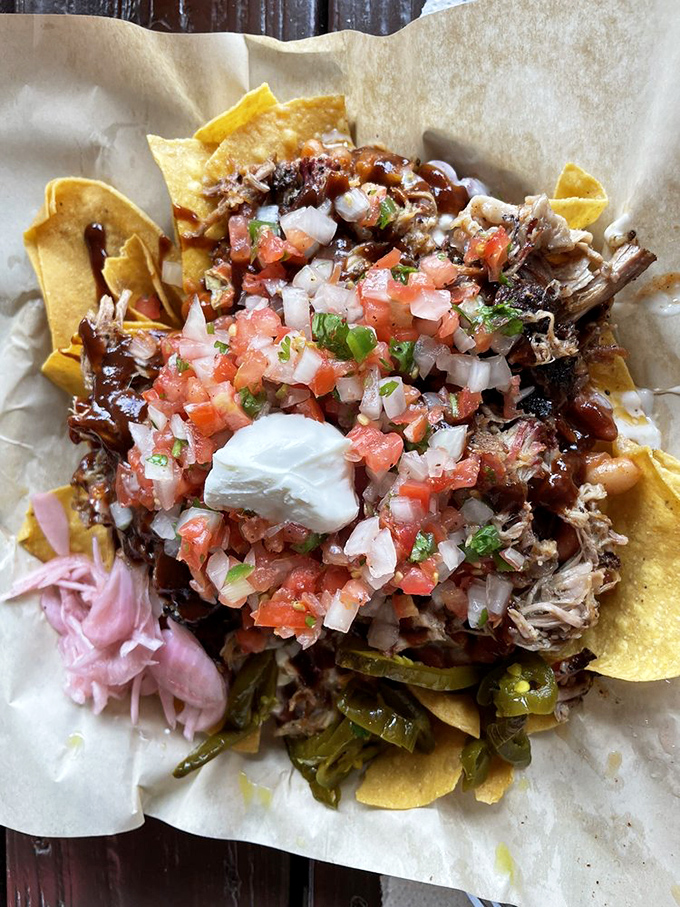 BBQ nachos that make you want to write poetry. That fresh pico de gallo adds brightness like opening the curtains in a dark room.