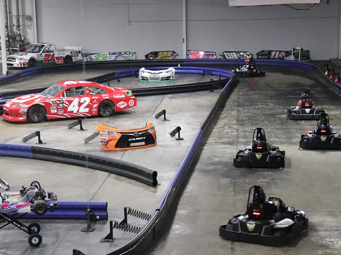 The concession area channels vintage gas station vibes with modern refreshments. Fueling stations for both karts and humans under one roof. 