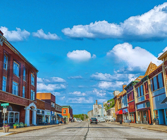 Abilene's colorful downtown storefronts pop against brilliant blue Kansas skies. Main Street America doesn't get more picture-perfect than this living postcard.