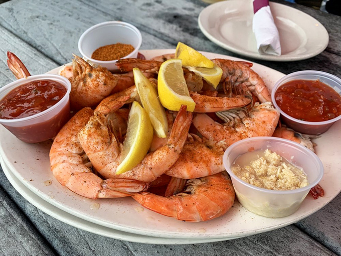 Peel-and-eat shrimp served with lemon wedges and dipping sauces. Simple pleasures that remind you why Florida's seafood reputation is well-earned.