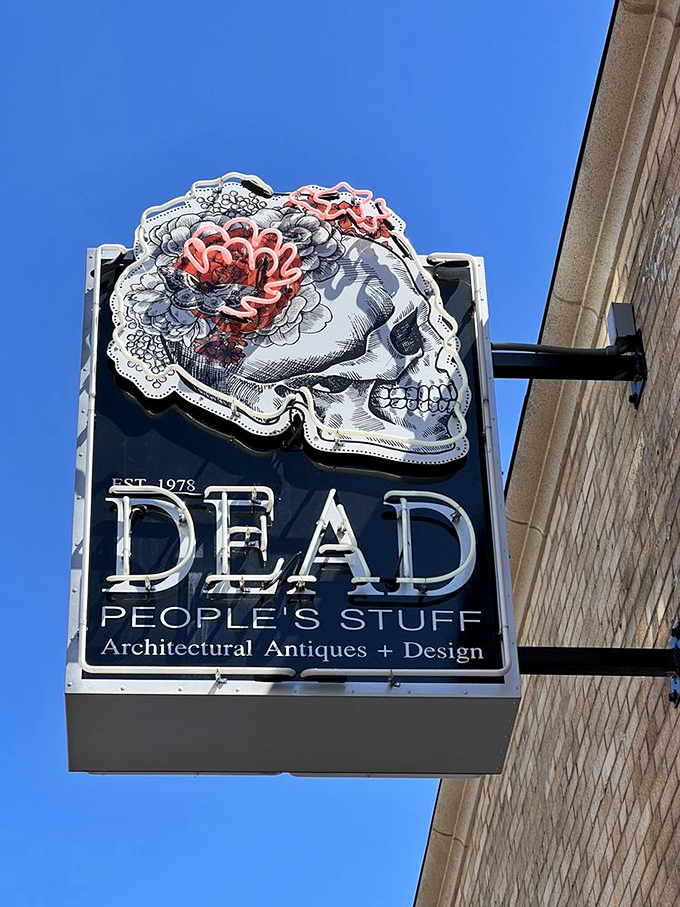 The skull-adorned sign perfectly captures the store's macabre humor. Established in 1978, they've been saving architectural history piece by piece.