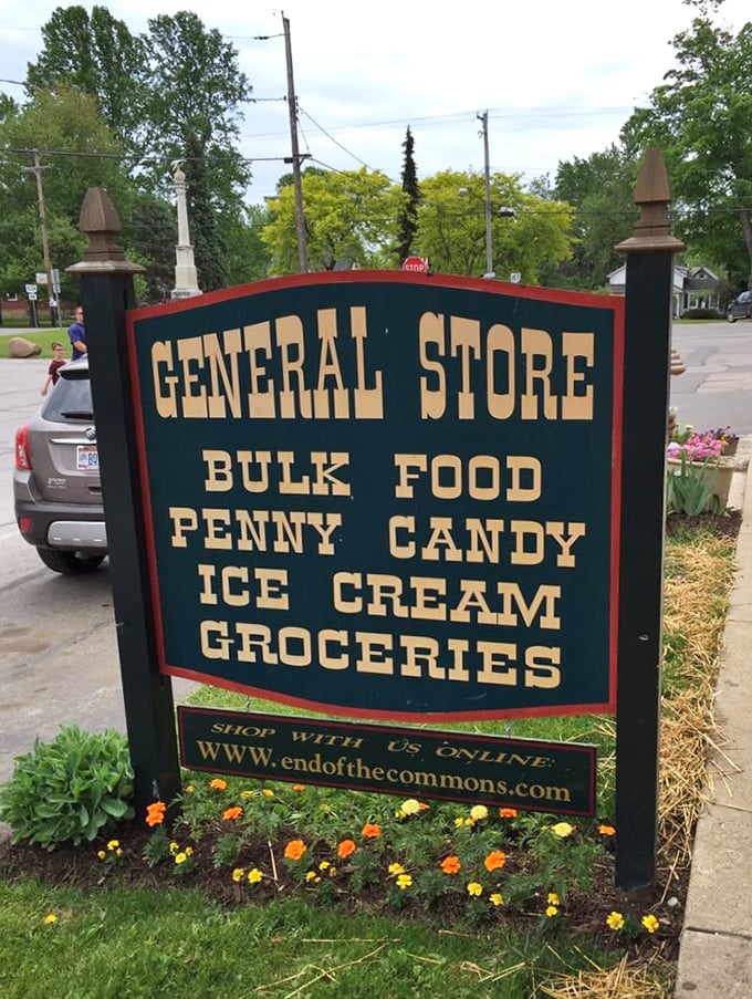 The sign promises four essential food groups: bulk food, penny candy, ice cream, and groceries&mdash;the foundation of any balanced diet according to grandparents everywhere.