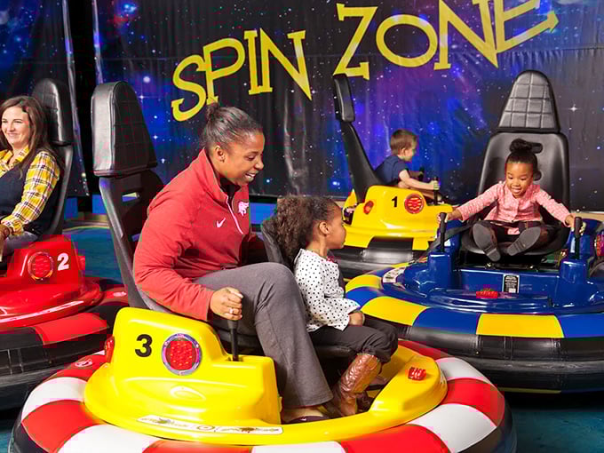 The Spin Zone—where centrifugal force meets childlike wonder. These colorful whirling dervishes are guaranteed to make adults question their equilibrium.