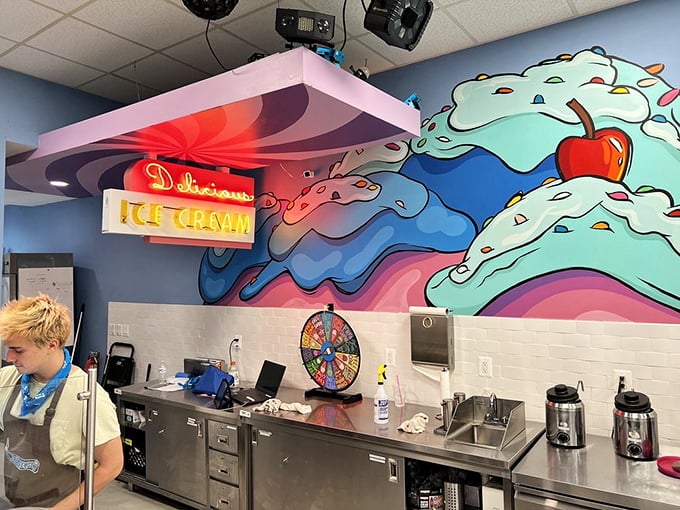 Where art meets ice cream. The vibrant mural and vintage "Delicious Ice Cream" sign create the perfect backdrop for frozen alchemy.