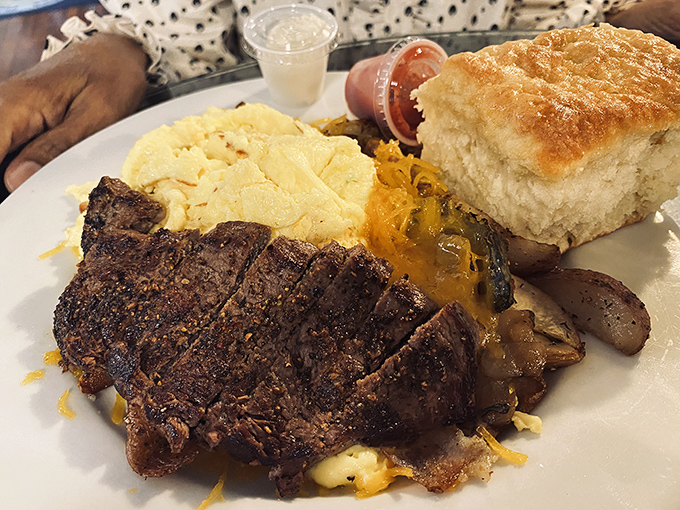 Steak for breakfast isn't indulgence&mdash;it's strategy. That biscuit could make a Southerner weep with joy, and the eggs are just showing off.