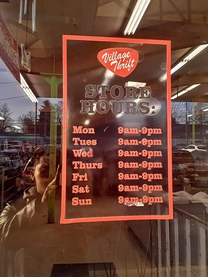 Village Thrift's generous hours mean more time for treasure hunting. Open 12 hours daily, because bargain addiction doesn't respect weekends.