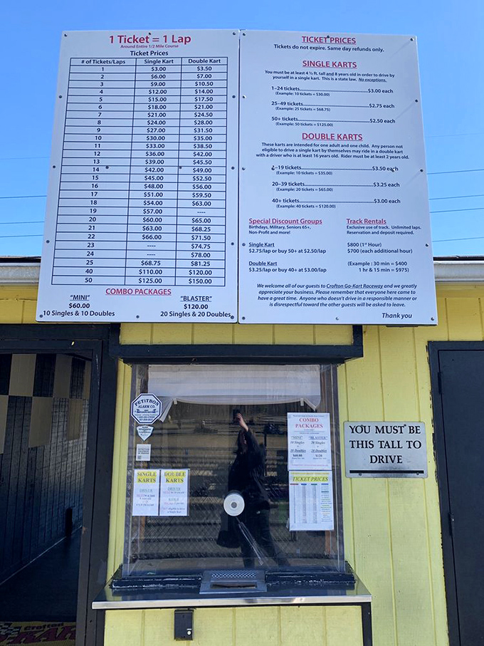 The price board&mdash;where adults do quick mental math to justify "just one more lap" while kids master the art of persuasion.