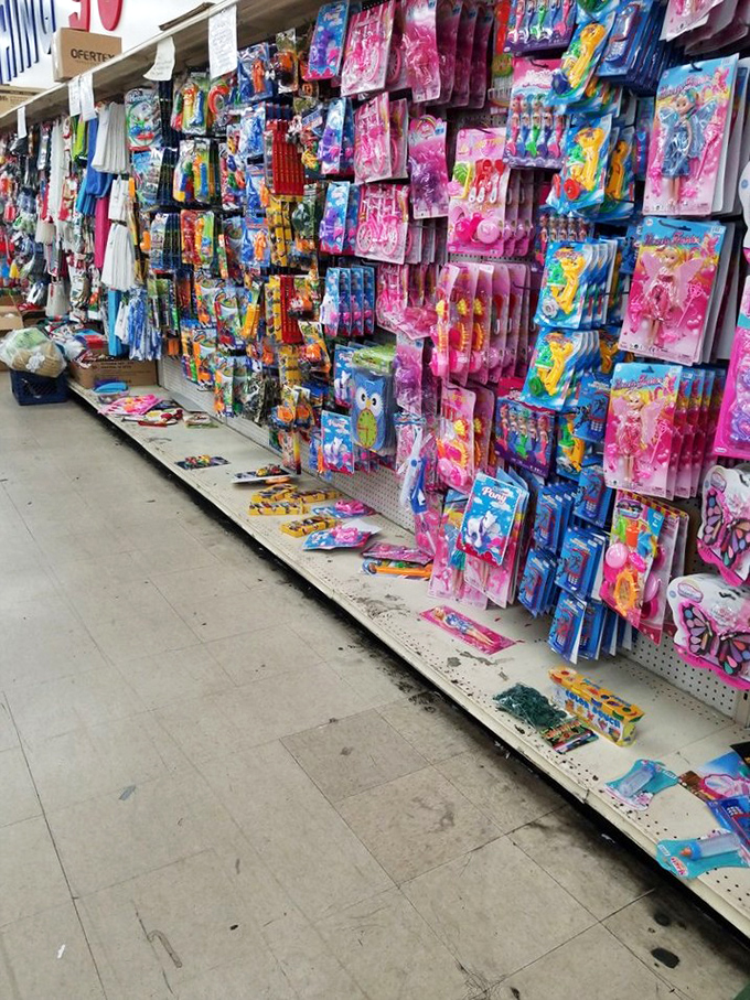 The toy aisle: where childhood dreams meet parental budgets. This rainbow explosion of character merchandise proves joy doesn't have to come with a premium price tag.