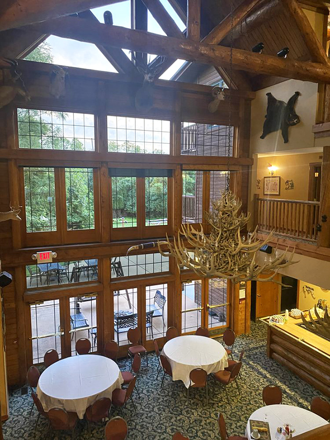 Soaring ceilings and natural light transform the dining space into a cathedral of comfort, where antler chandeliers remind you of the wilderness just beyond.