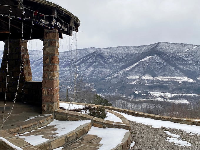 Winter's magic transforms the stone shelter into a snow-dusted mountain chalet. Even Jack Frost can't resist adding his artistic touch to Kingdom Come. 