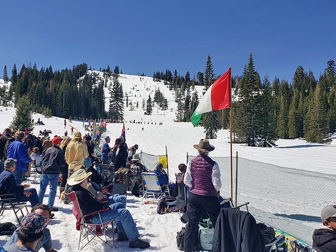 Winter Olympics, Sierra style. Spectators gather for longstanding snow traditions where Italian flags wave and hot cocoa flows freely.