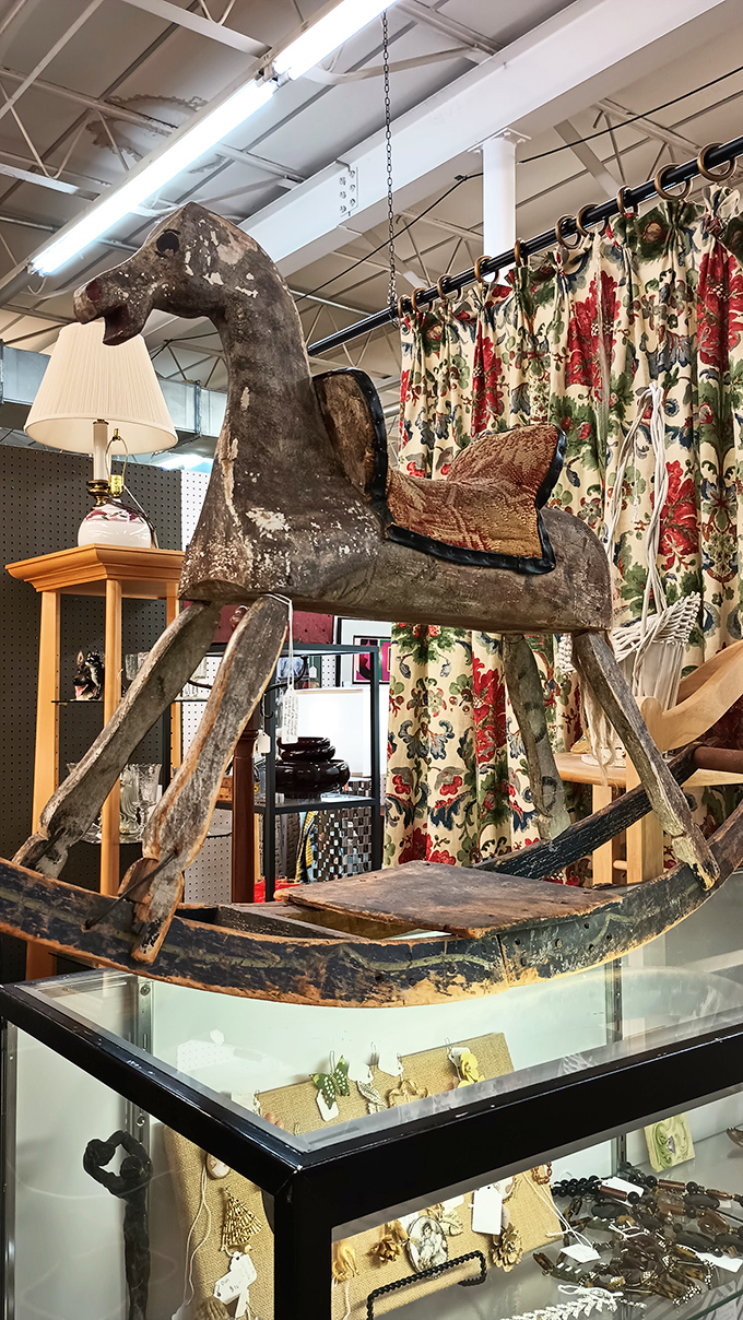 This weathered rocking horse has galloped through generations of childhood imaginations. Still ready for one more adventure.