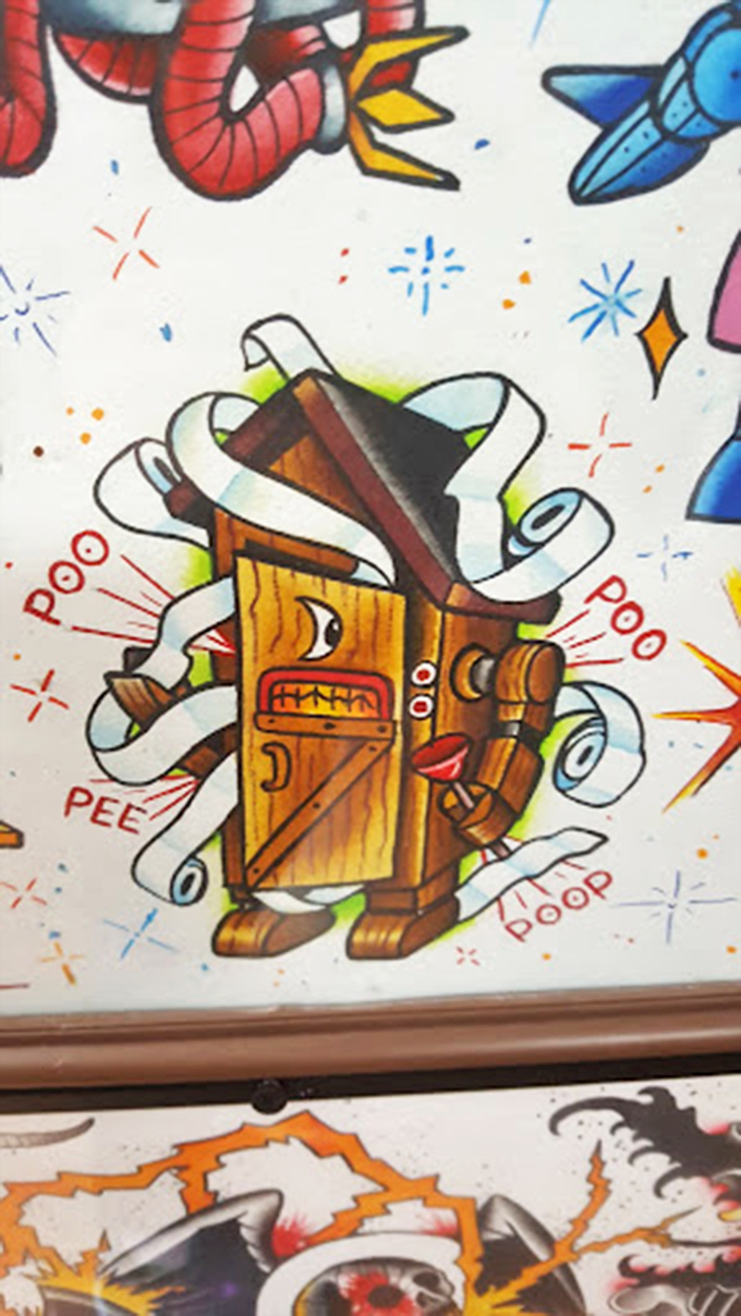 Not your average outhouse &ndash; this whimsical flash art demonstrates how tattoo artists have always infused humor into their work, bathroom jokes included.