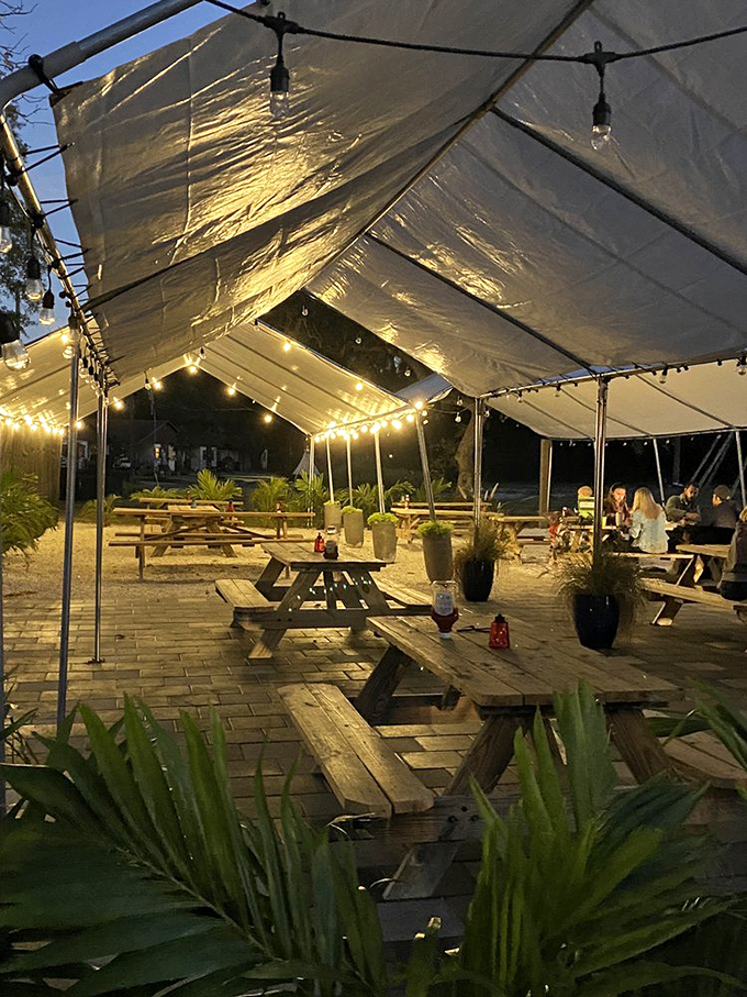 Nighttime at Big Ray's outdoor area feels like the best backyard party in Tampa&mdash;string lights, good food, and the promise of Florida evening breezes.