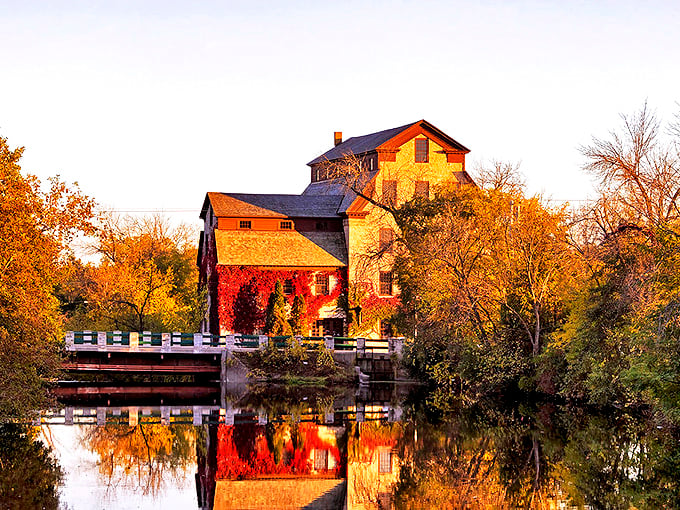 Autumn paints Cedarburg in its most flattering colors. The historic mill building, framed by golden trees and reflected in still waters, looks like it's posing for a calendar shoot.