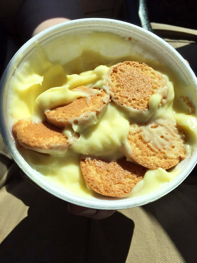 Banana pudding that doesn't try to reinvent the wheel. Creamy, sweet nostalgia in a cup, with vanilla wafers standing guard like delicious sentinels.