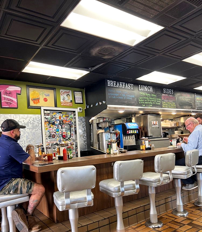 Classic diner counter seats that swivel just enough to let you pivot between your food and the fascinating people-watching opportunities.