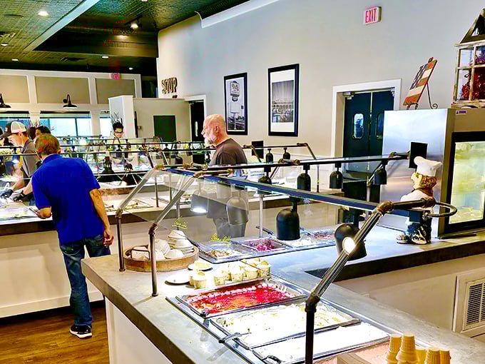 Buffet stations designed for maximum strategic loading. Like an adult playground where the only rule is: save room for seconds.