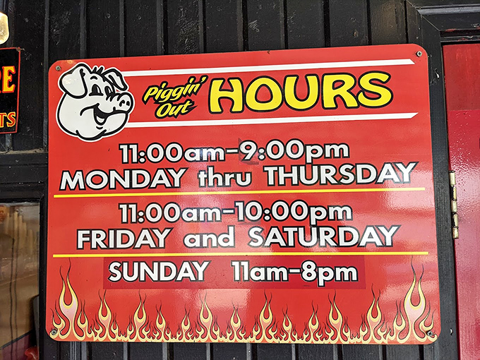 Hours of operation or as I like to call it &ndash; "times when happiness is available" &ndash; with that adorable pig mascot who's blissfully unaware of the irony.