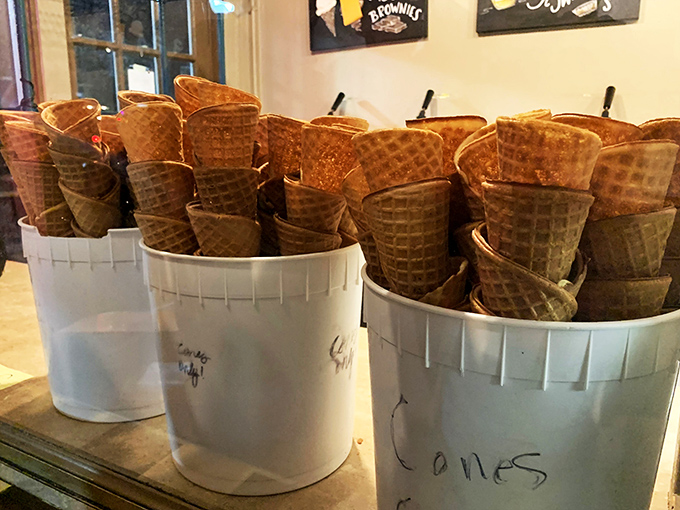 Fresh waffle cones stand at attention like delicious soldiers&mdash;their warm, sweet aroma an irresistible prelude to the main event.