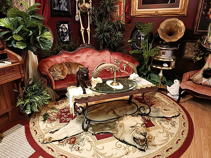 A parlor that Charles Darwin might have designed, where taxidermy creatures lounge on velvet furniture beneath vintage light fixtures and lush indoor plants.