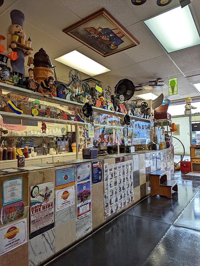 Behind this counter, ice cream sorcery happens daily. The collection of toys and memorabilia above watches over the magic like approving ancestors.