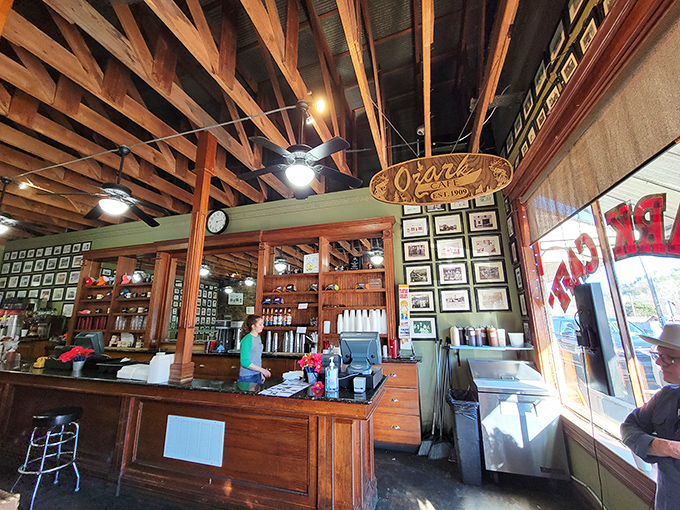 The heart of any great diner is its counter—wooden beams overhead, vintage photos on the walls, and the promise of good food coming your way.