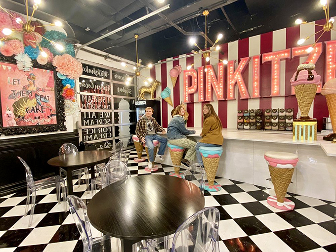 Ice cream cone seats turn casual visitors into temporary royalty in a court where the currency is smiles and the agenda is pure indulgence.