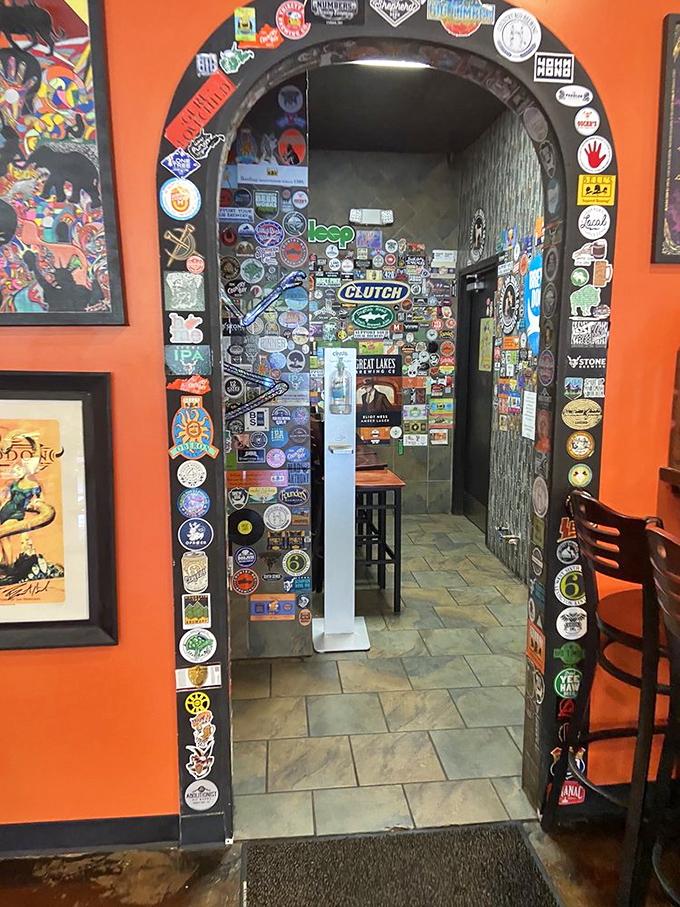 The sticker-covered archway: a passport of beer adventures past. Each one tells a story of craft brews that have found their way to this West Virginia gem.