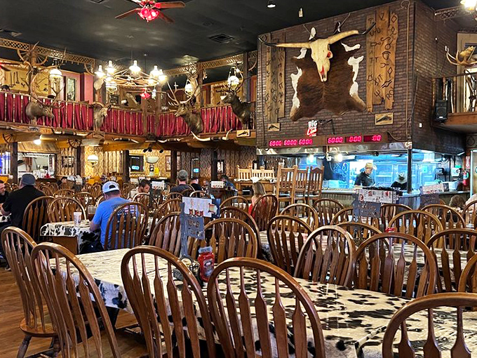 Cowhide tablecloths and wooden chairs create the perfect setting for the serious business of consuming alarming amounts of protein.