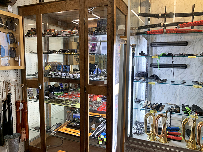 Behind glass doors, miniature treasures await the discerning collector &mdash; tiny trumpets and pocket-sized possibilities that once made someone's world complete.