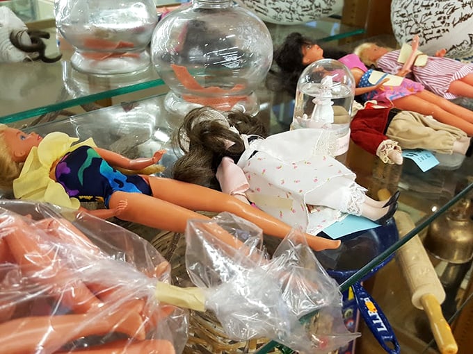 The doll section: equal parts nostalgic and slightly unsettling. These plastic time travelers have seen decades of playtime and are ready for more.